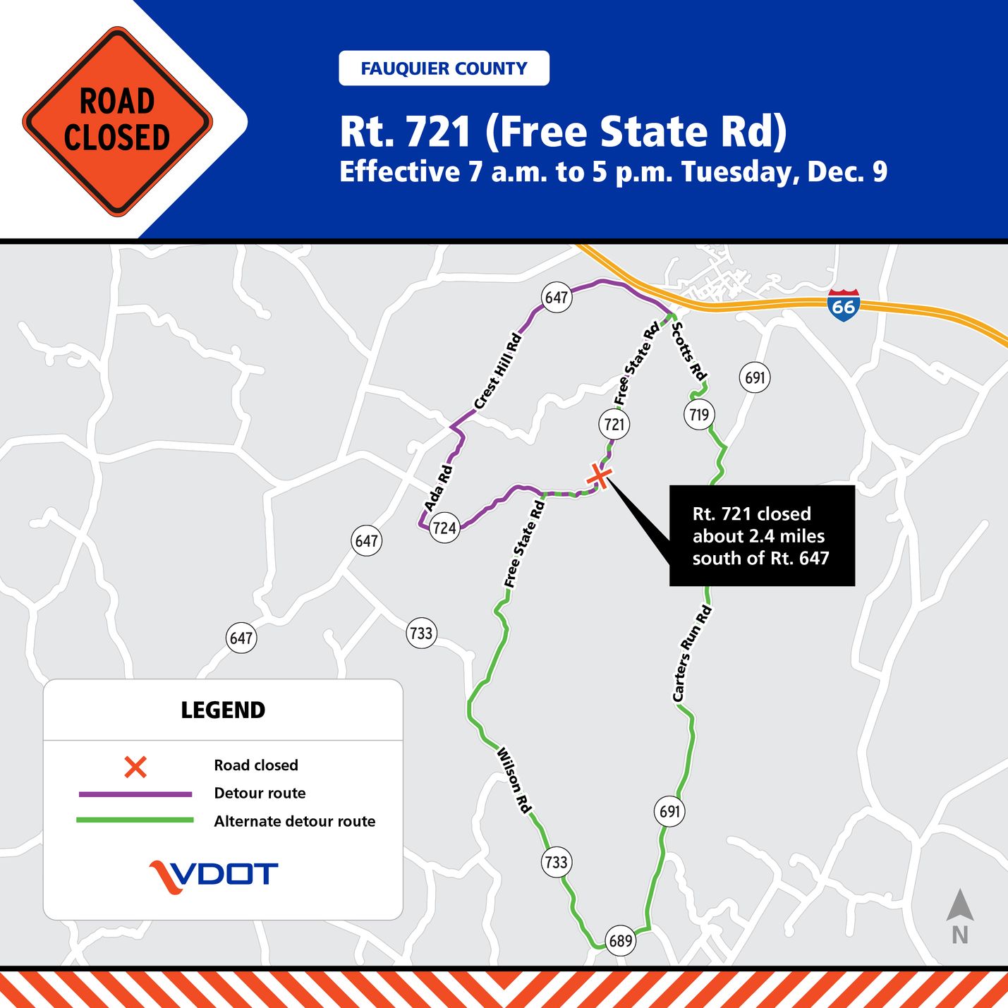 Culpeper District | Rt. 721 in Fauquier Co. to close tomorrow for pipe ...